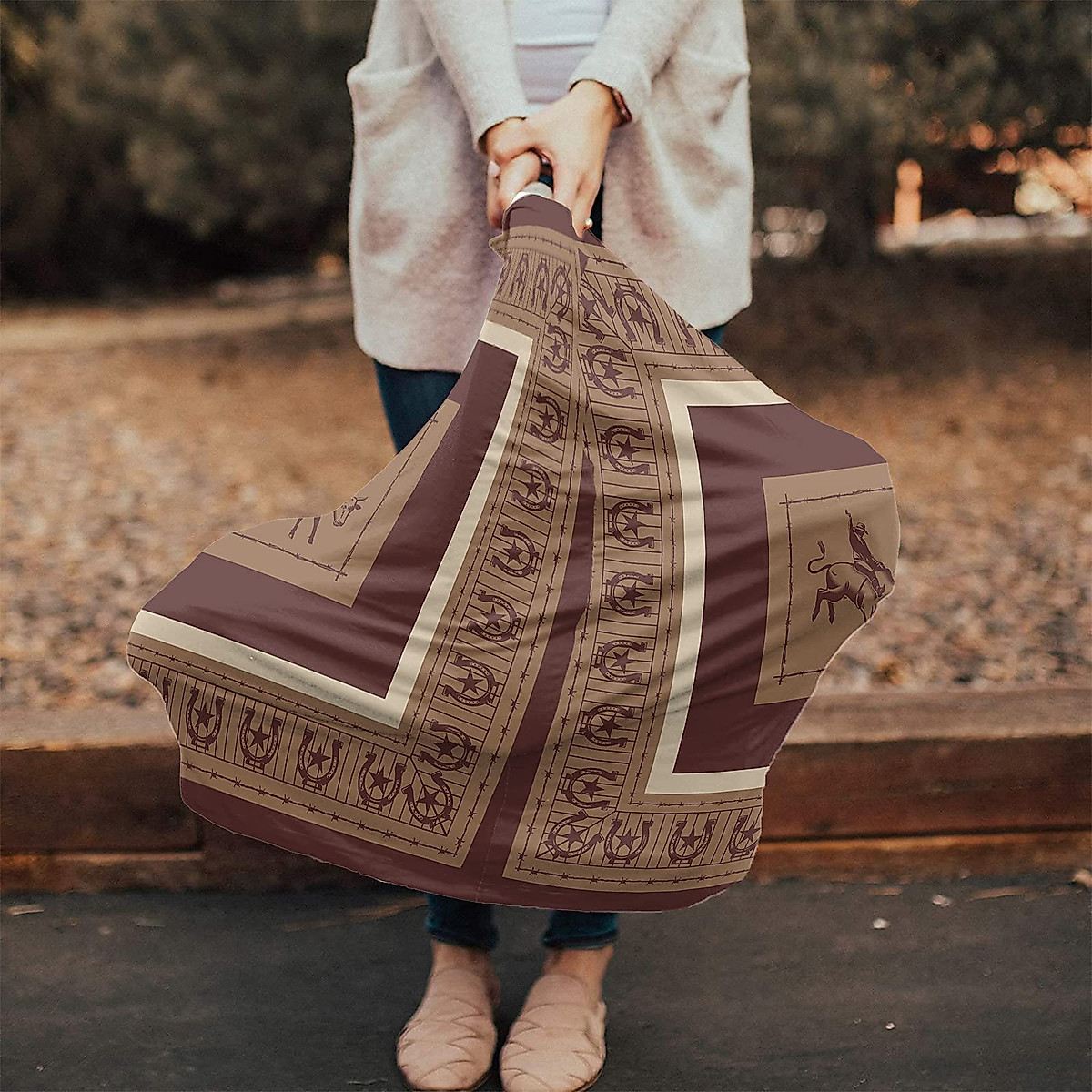 Western Cowboy Baby Car Seat Covers, Nursing Cover Breastfeeding Scarf/Shawl, Infant Carseat Canopy, Stretchy Soft Breathable Multi-use Cover Ups, Horseshoe Pentagram Brown