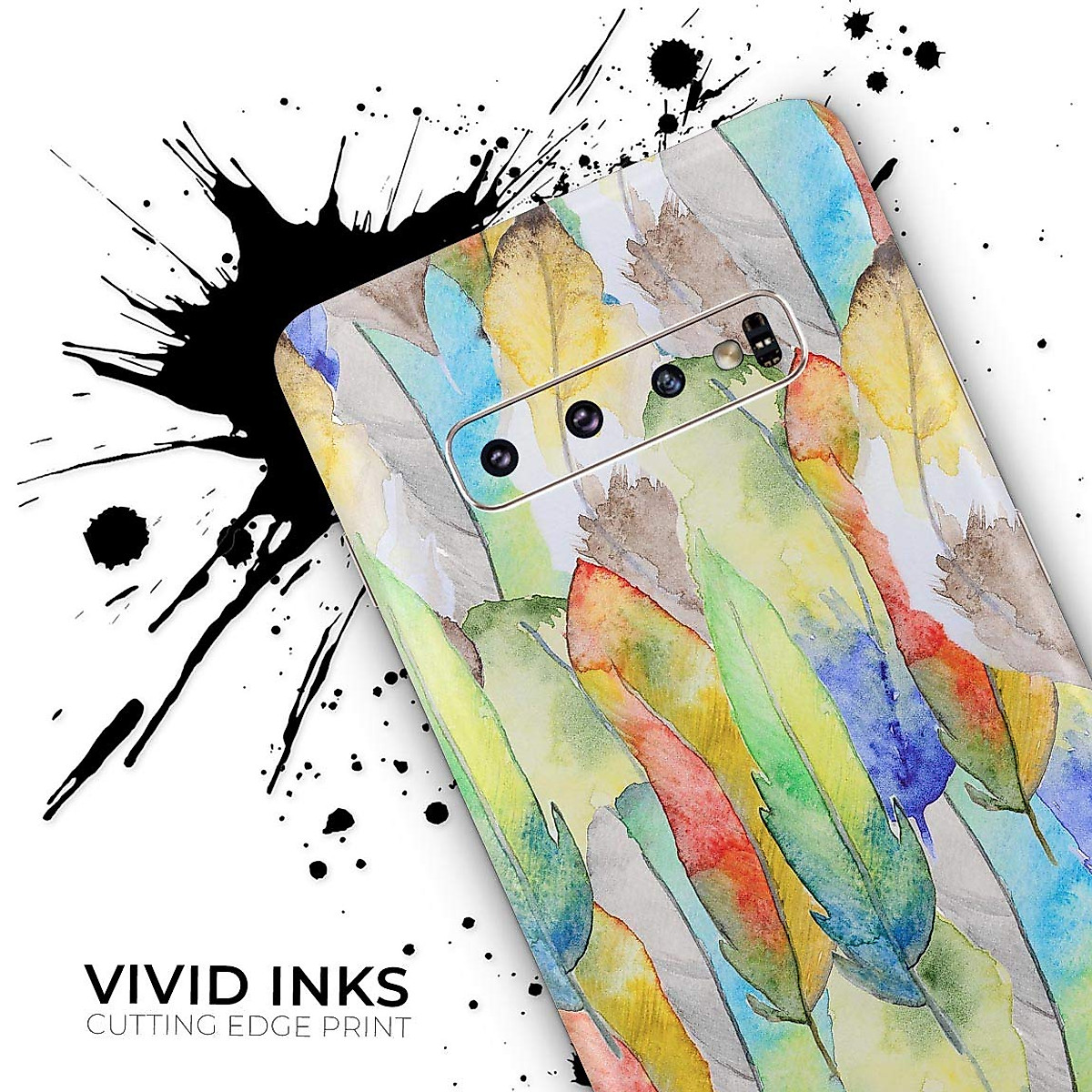 DesignSkinz Vivid Watercolor Feather Overlay Protective Vinyl Decal Wrap Skin Cover Compatible with The Samsung Galaxy S20 (Screen Trim & Back Glass Skin)