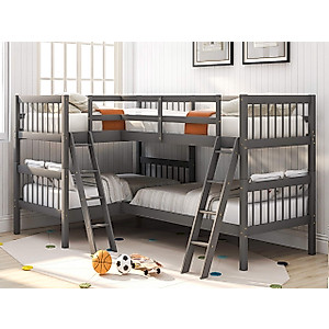 Harper & Bright Designs L-Shaped Twin Size Bunk Bed and Loft Bed, Solid Wood Twin Bunk Bed Loft Bed with Guardrail and Two Ladders for 4 Person (Grey)