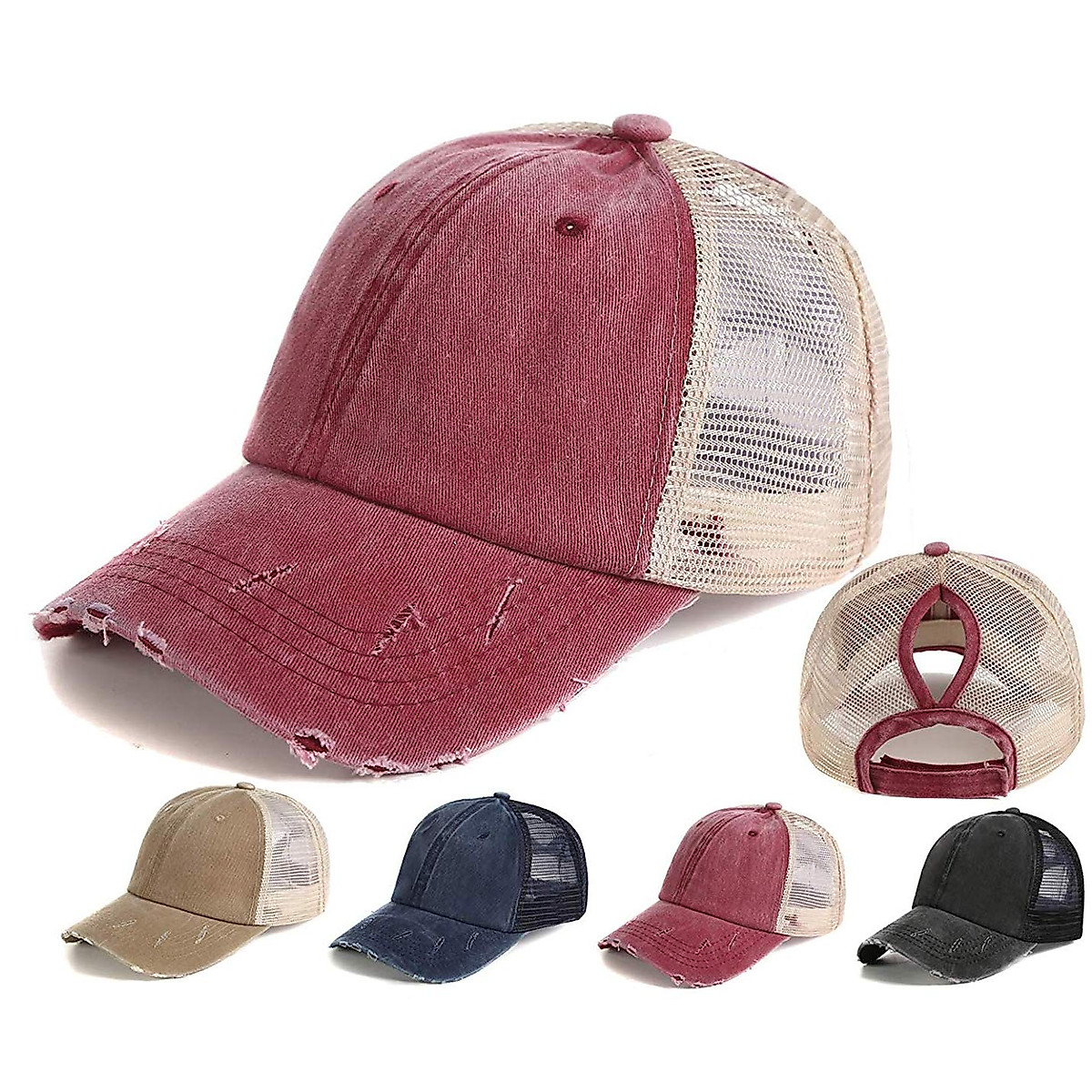 YIBOBA Ponytail Baseball Cap Retro, Messy Visor Dad Hat Ponycaps Adjustable Cotton and Twill Mesh Trucker Caps (Red)