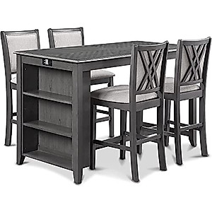 New Classic Furniture Amy Kitchen Counter Island Dining Table for 4 with Storage Shelf & USB Chargers, Contemporary Gray