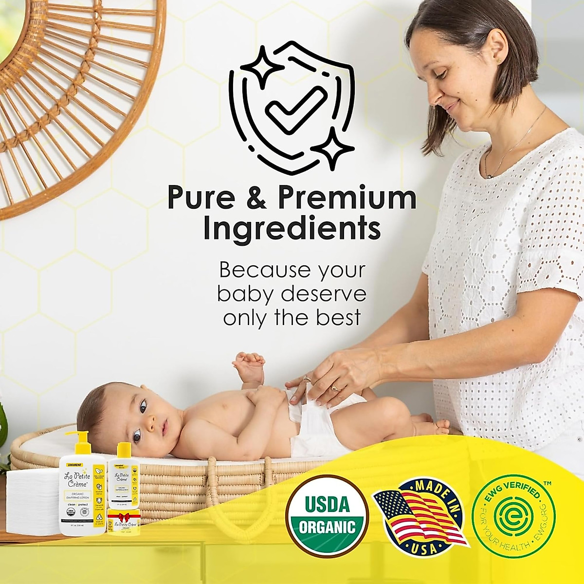 La Petite Creme Premium French Diapering Gift Set: Includes Organic Diapering Lotion (8 oz), Travel-size Liniment Baby Lotion (2 oz), 1 Travel-size Diaper Balm (1 oz), 50 Disposable Cotton Pads