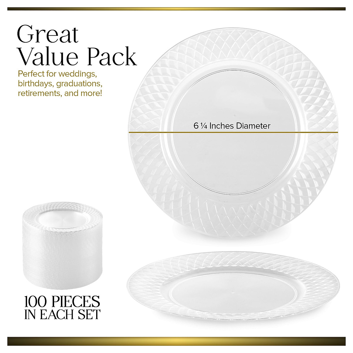 Stock Your Home Premium Clear Plastic Dessert Plates, 6" Inch Appetizer, Dessert, and Party Plates (100 Count) Heavy Duty Hard Plastic Disposable Wedding Cake Plates, Crystal Clear for Holiday Parties