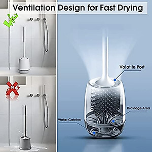 Macood Toilet Brush Holder Set for Bathroom Toilet Cleaning, Compact Toilet Bowl Cleaner Brush Set with White No-Slip Plastic Handle and Grey Silicone Bristles Scrubber, Floor Standing