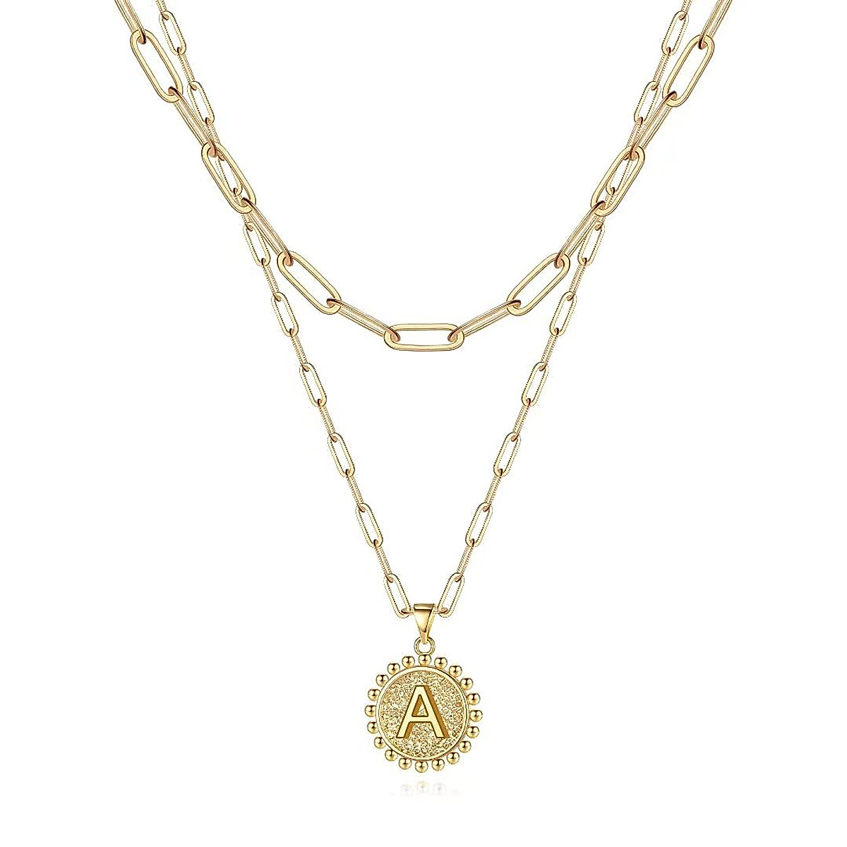 Ursteel Layered Gold Initial Necklace for Women - 14K Gold Plated Dainty Layering Paperclip Chain Necklace for Women Letter A Initial Coin Pendant Necklaces Jewelry Mothers Day Gifts for Women