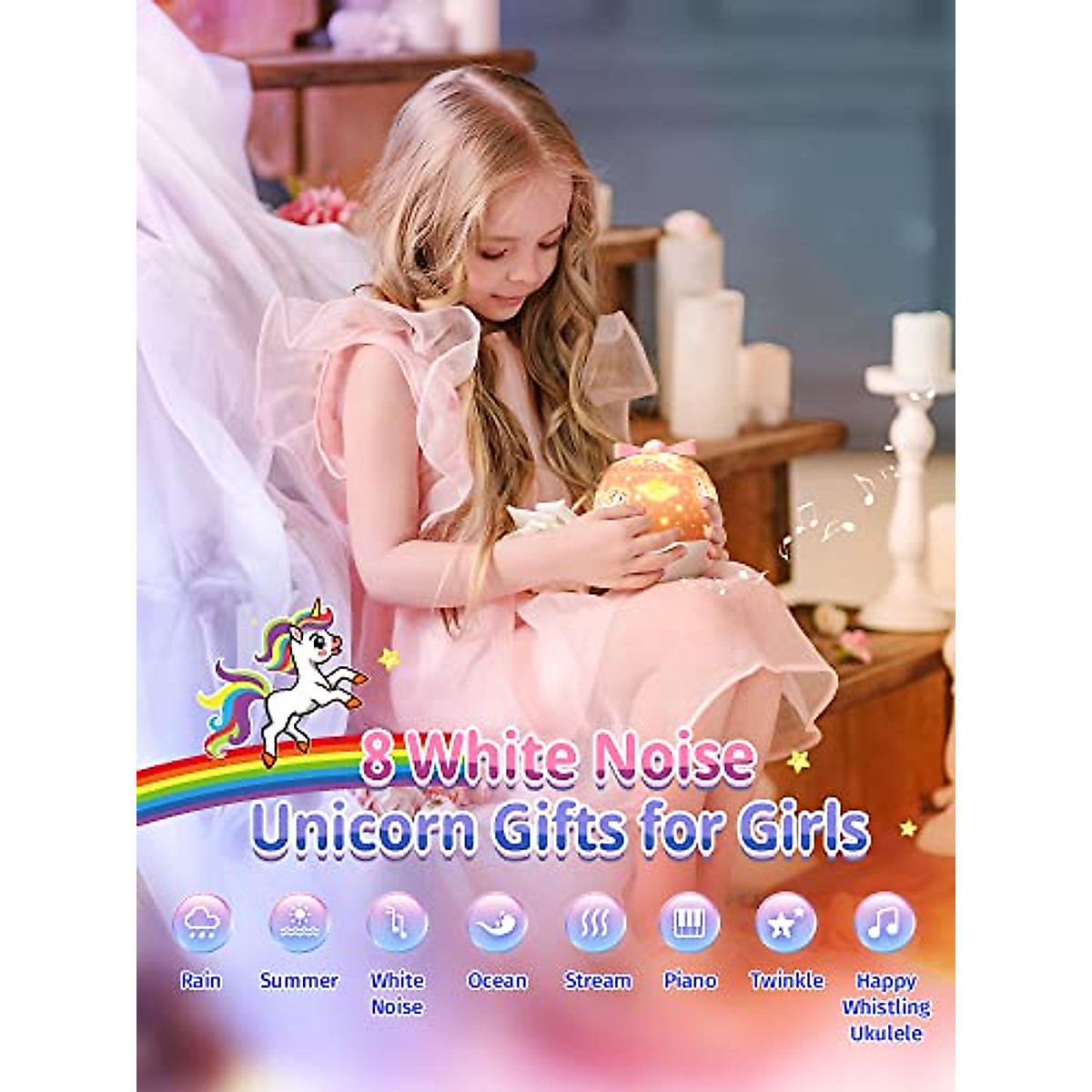 PIKOY Night Light, 6 Films 72 Modes Unicorn Projector Kids Room,Sound Machine Baby, 360° Rotation Lights Bedroom,Kawaii Gifts Girls