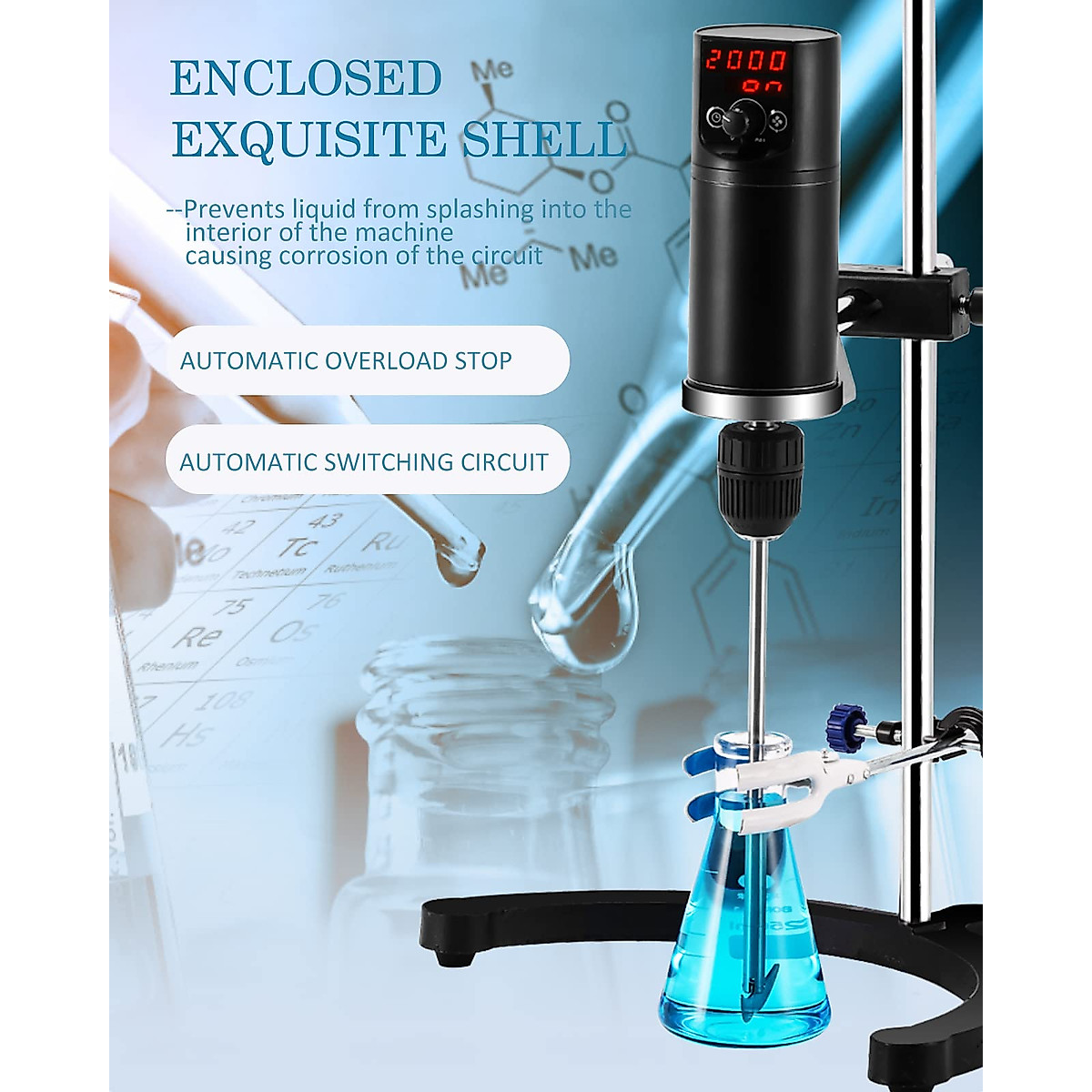 Crispaire Electric Overhead Stirrer Max.40L LCD Digital Lab Mixer 10000mPa.s Time and Speed Adjustable Stirring Rod Included 100-2000RPM 120W