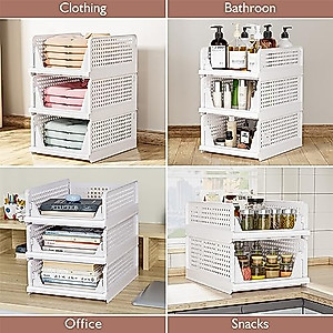 CTSNSLH 4 Pack Folding Closet Organizers Storage Box, Stackable Plastic Drawer Basket for Clothing(White)