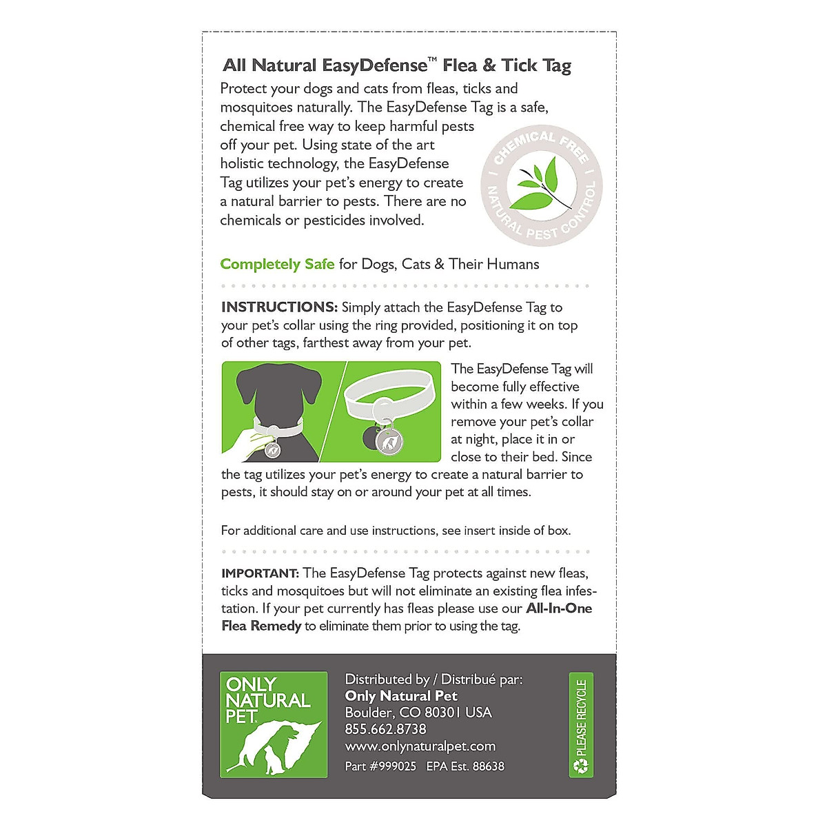 Only Natural Pet Easy Defense Tickless Flea & Tick Tag - Pest & Mosquito Repellent Shield for Dogs & Cats - Attach to Collar for Long-Lasting Prevention - Full Year Protection with a Single Tag