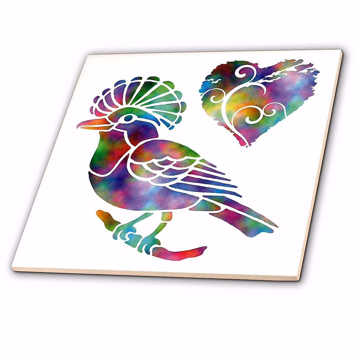 3dRose - Russ Billington Designs- Love Animals - Love Hoopoe Birds- Tie Dye Hoopoe Bird and Swirly Heart - Tiles (ct-351894-1)