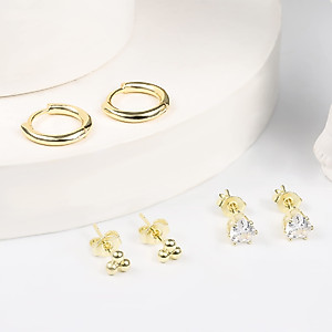 BOUTIQUELOVIN 6 Pairs 14K Gold Earrings Set Studs and Small Huggie Hoop Earrings Multiple Pack for Pierced Ears
