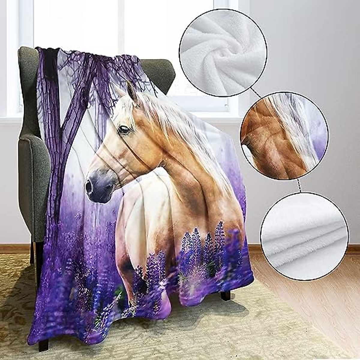 HommomH 40"x50" Horse Blanket with Purple Lavender, Super Soft Fleece Throw Blankets for Girls