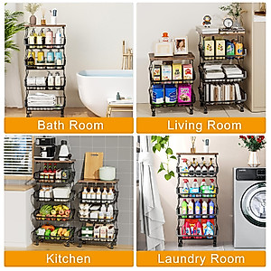 Gsiekare Fruit Vegetable Basket for Kitchen, 5 Tier Stackable Fruit Vegetable Storage Baskets with Wheels, Metal Wire Storage Basket Organizer Cart for Kitchen, Pantry, Bathroom