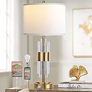 QiMH Gold Table Lamp for Living Room, Bedside Lamps for Bedrooms with Touch Control USB Ports, Modern Nightstand Lamp White Shade Home Lighting Decor (2700K LED Bulb Included)