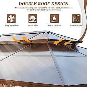 EROMMY 10'x13' Gazebo Polycarbonate Double Roof Canopy Outdoor Aluminum Frame Pergolas with Netting and Curtains for Garden Patio Lawns Parties