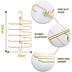 Pants Hangers Space Saving, Aluminum Alloy 5 Layers 2 Uses Pants Rack, Magic Pants Hanger Rack, Multi Functional Pants Rack Wardrobe Organizer Racks for Clothes Trousers Scarves Ties (2 pcs Gold)
