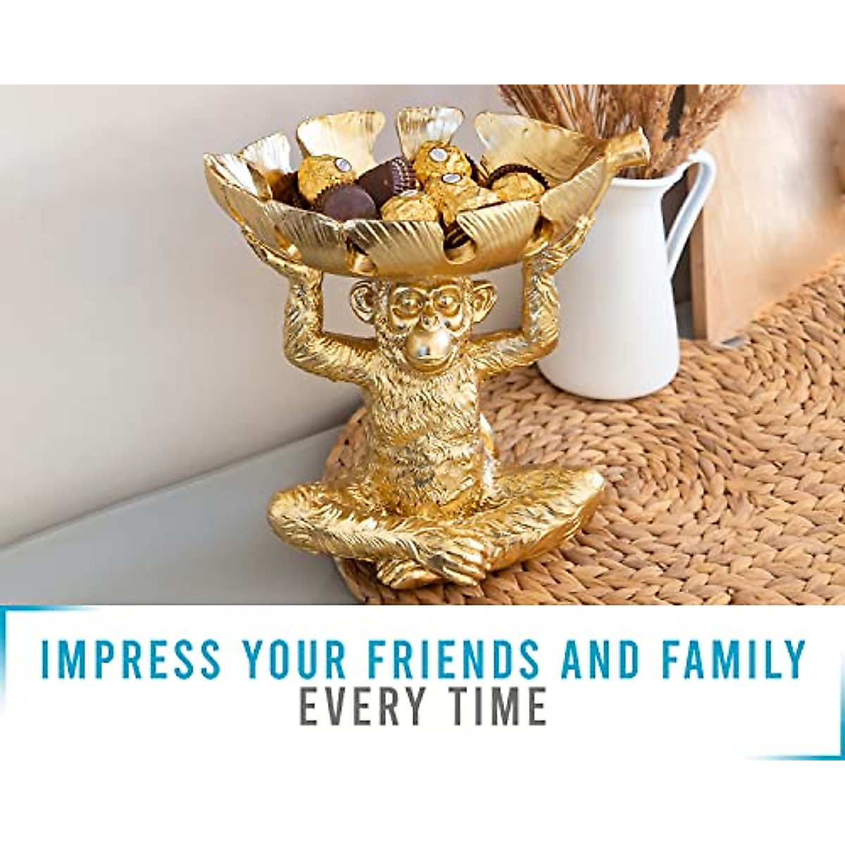 Adorable “Monkey” Candy Tray Made of Resin – Monkey Sculpture w/Split Leaf Dish for Snacks, Nuts, Candies & More – Decorative Holder w/Golden Finish for Keys or Jewelry – Ornament for Modern Decor