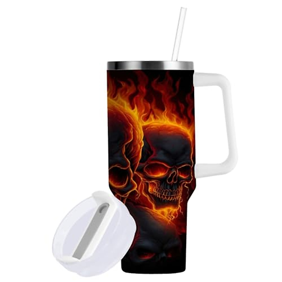 FLildon 40oz Tumbler with Handle and Straw Lid, Fire Skulls Insulated Coffee Mug Stainless Steel Water Bottle Leakproof Vacuum Travel Coffee Cup