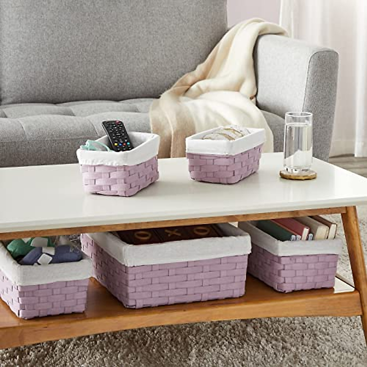 5 Piece Set Woven Nesting Storage Baskets, Decorative Wicker Bins for Organizing, Lavender (3 Sizes)
