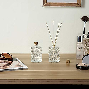 MyGift Small Clear Glass Reed Diffuser Bottles, Vintage Embossed Apothecary Style Flower Bud Vases with Cork Lids, Set of 2