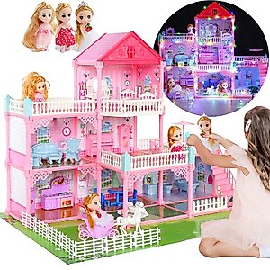 ArgoHome Dollhouse, Dream House Toys for 3 4 5 6 7 8 Years Old Girls Kids, Dollhouse Sets with 2 Dolls, 7 Rooms, Furniture and Accessories, DIY Building Pretend Play Doll House, Gift for Girls.