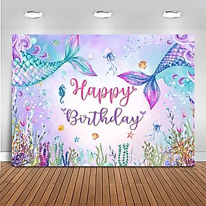 Mocsicka Mermaid Birthday Backdrop Under The Sea Birthday Party Decoration for Girl Blue Purple Mermaid Tails Photography Background (7x5ft(82x60 inch))