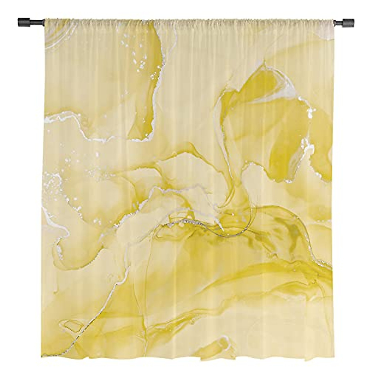 Chiffon Sheer Curtains & Drapes 45 Inch Long, Lightweight Breathable Voile Window Curtain Panels Yellow Marble with Gold Silver Glitter Splatter Curtains Backdrop Drapes for Bedroom Livingroom Wedding