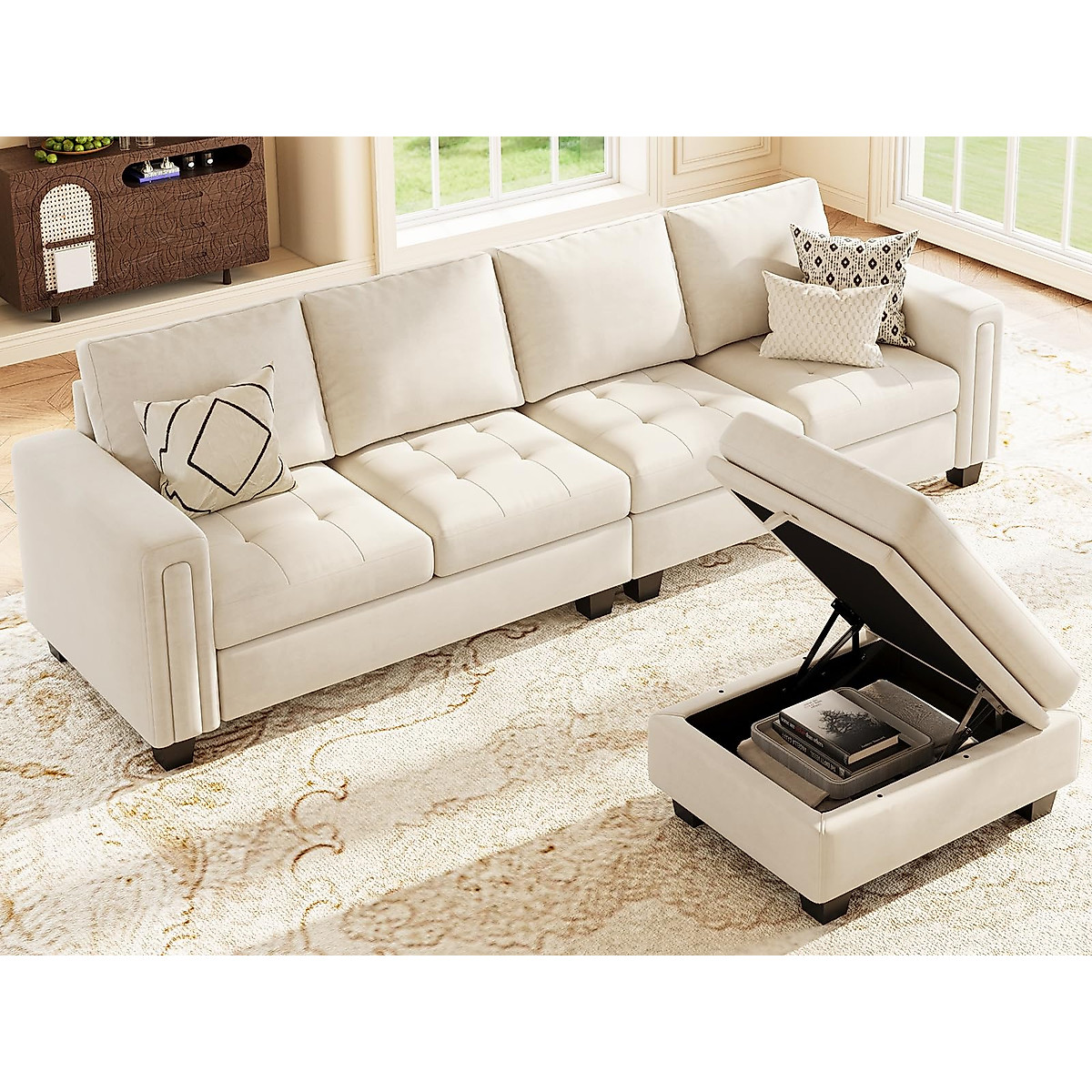 Belffin Velvet Reversible Sectional Sofa with Chasie Convertible L Shaped 4-seat Sectional Couch with Storage Ottoman Beige
