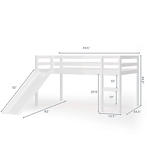 Costzon Twin Loft Bunk Bed, Solid Wood Kids Bed w/Slide, Built-in Ladder, Guard Rail & Storage Space, Low Bunk Bed Frame for Boys Girls Bedroom (White)