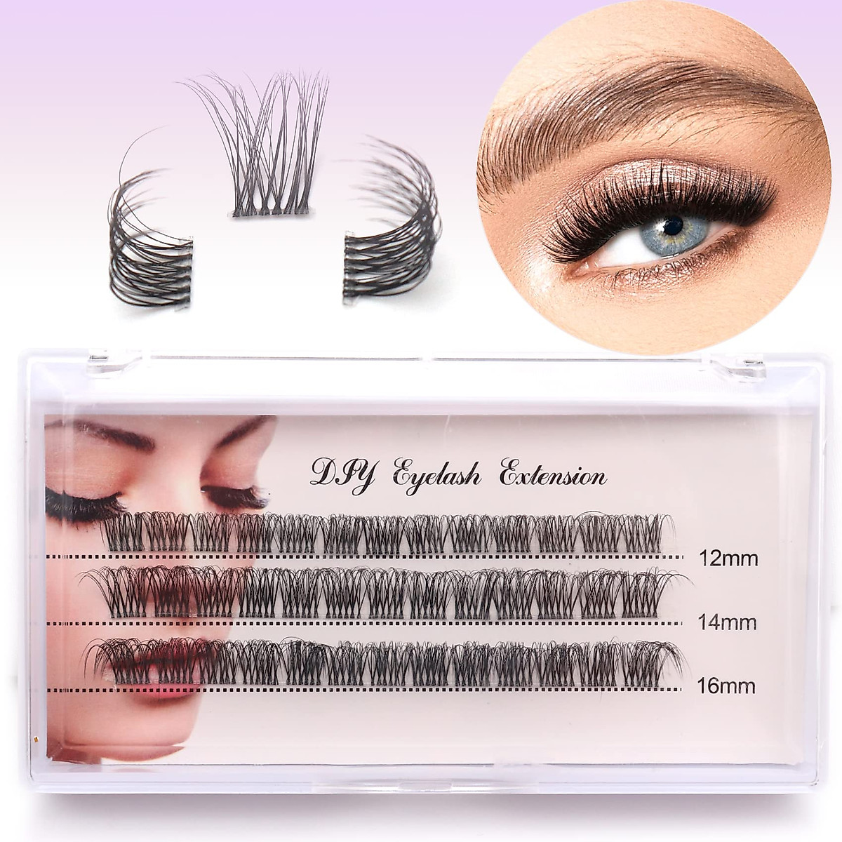 Veleasha DIY Eyelash Extension Individual Lashes with Clear Band D Curl Lash Extension Strip 39 Clusters Reusable Wispy False Eyelashes for Personal DIY at Home / FD02 12-16MM