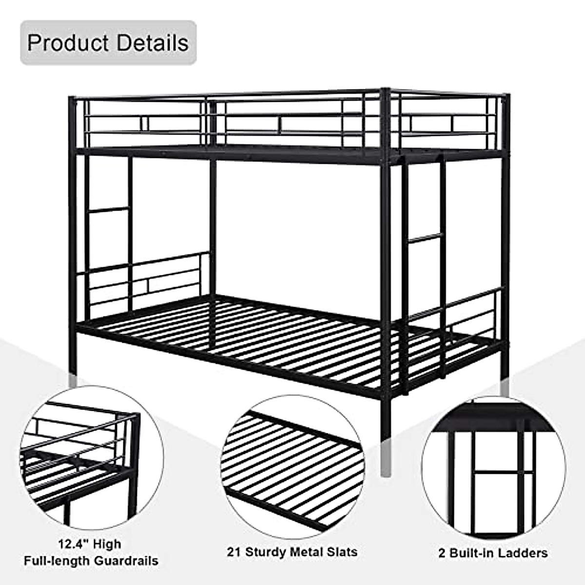 KIVENJAJA Bunk Bed Twin Over Twin Size, Metal Twin Bunk Bed Frame with Safety Guardrail & 2 Ladders, Space-Saving, No Box Spring Needed (Black)