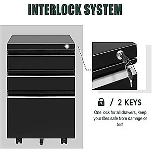 Black File Cabinet, 3 Drawer Mobile File Cabinet with Lock and Wheels, Under Desk Metal Filing Cabinet for Office，Lockable Rolling Cabinet with 2 Keys for Legal/Letter/A4 Size, Fully Assembled （A）
