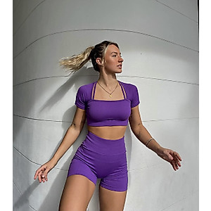 ABOCIW Workout Sets for Women 2 Piece Seamless Ribbed Shorts Set Yoga Gym Strap Detail Short Sleeve Square Collar Crop Top High Waist Shorts Exercise Tracksuit Sets Purple Small