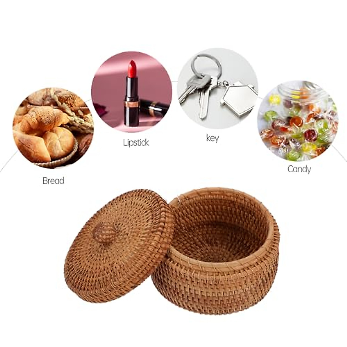 Abaodam Rattan box Small Round Basket Small Wicker Basket with Lid Rattan Storage Basket Box Boho Straw Fruit Snacks Basket for Home Bathroom Shelf Decor