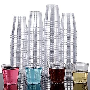 Zcaukya 100 Shot Glasses, 1oz Clear Plastic Disposable Hard Cups, Mini Cups Great Container for Sauce, Sample Tasting, Jello Shots, Pudding