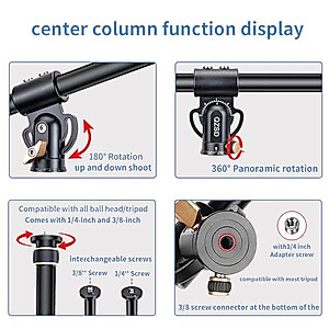 41" Aluminum Tripod Extension arm Retractable Horizontal Center Column arm with 1/4'' and 3/8'' scerws, 360° rotatable for Overhead, Multi-Angle Photography,Load Up to 33lbs,Tripod not Included