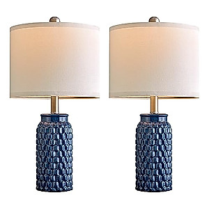 USumkky 20.5 inches Modern Ceramic Dark Blue Bedside Lamp Set of 2 for Bedroom Decor Farmhouse Table Lamp for Living Room Office Dorm