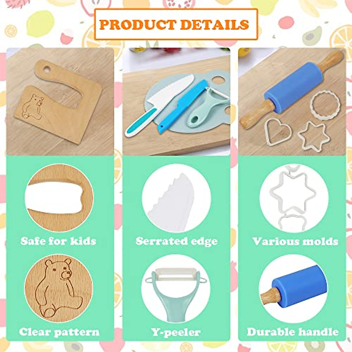 sinotron 13 PCS Toddler Knife, Kids Knifes for Real Cooking, Montessori Kitchen Tools for Toddlers, Kids Knife Set with Wooden Knife, Cutting Board, Cookie Cutters, Peeler, Rolling Pin (Bear)