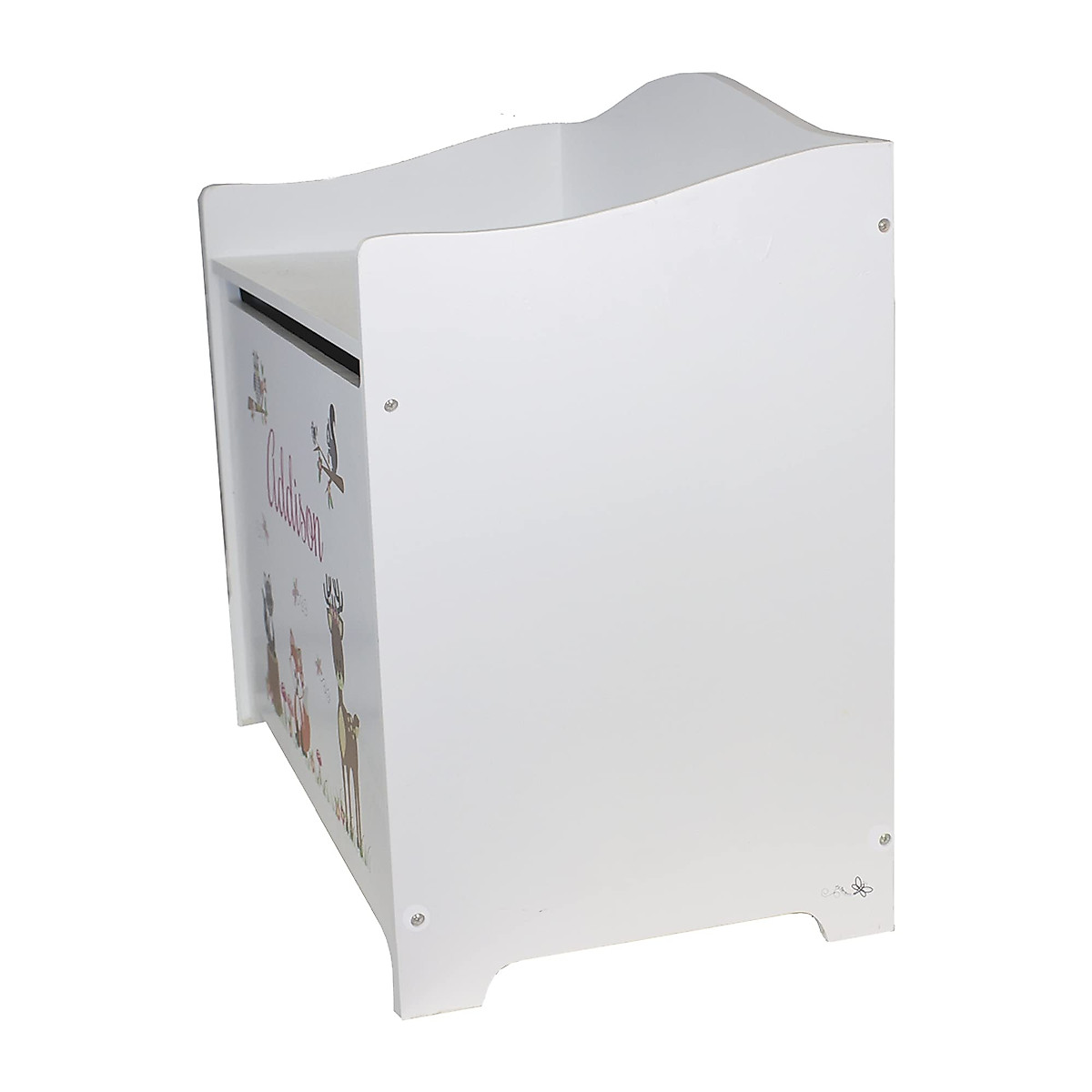 My Bambino Personalized Toy Box Bench Woodland Forest Animals White Wooden Toy Bin with lid - Chest for Toys Storage and added Nursery Playroom Bedroom Decor Seat Organizer