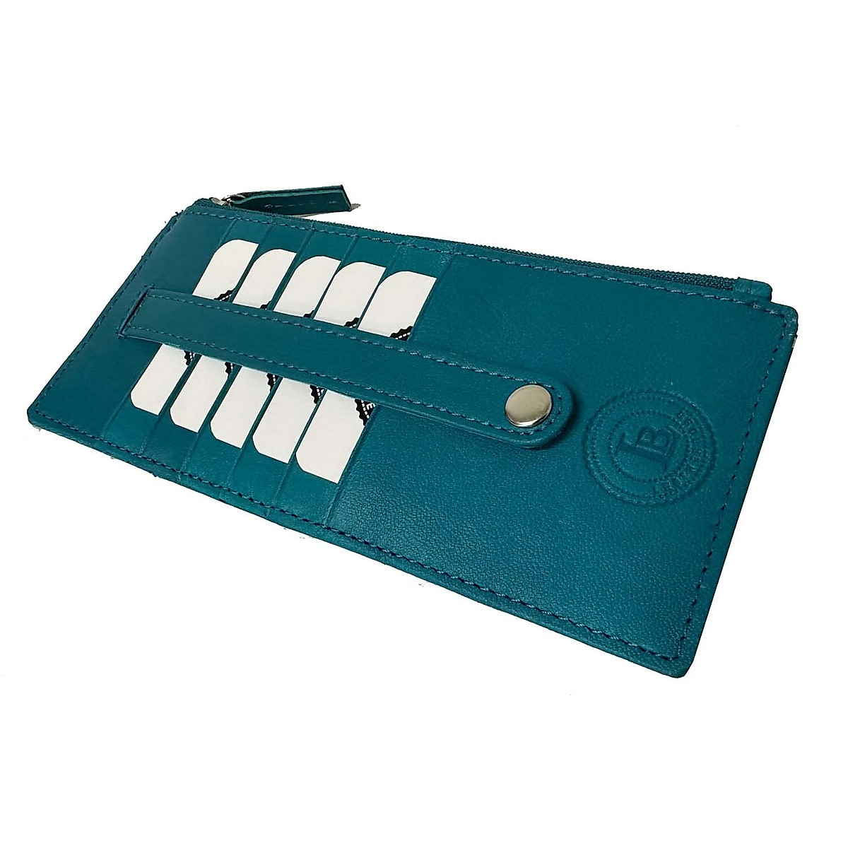 Leatherboss Genuine Leather Women's All in One Credit Business Card Case Holder Slim Zipper Wallet With a Card Protection Strap, Teal Blue