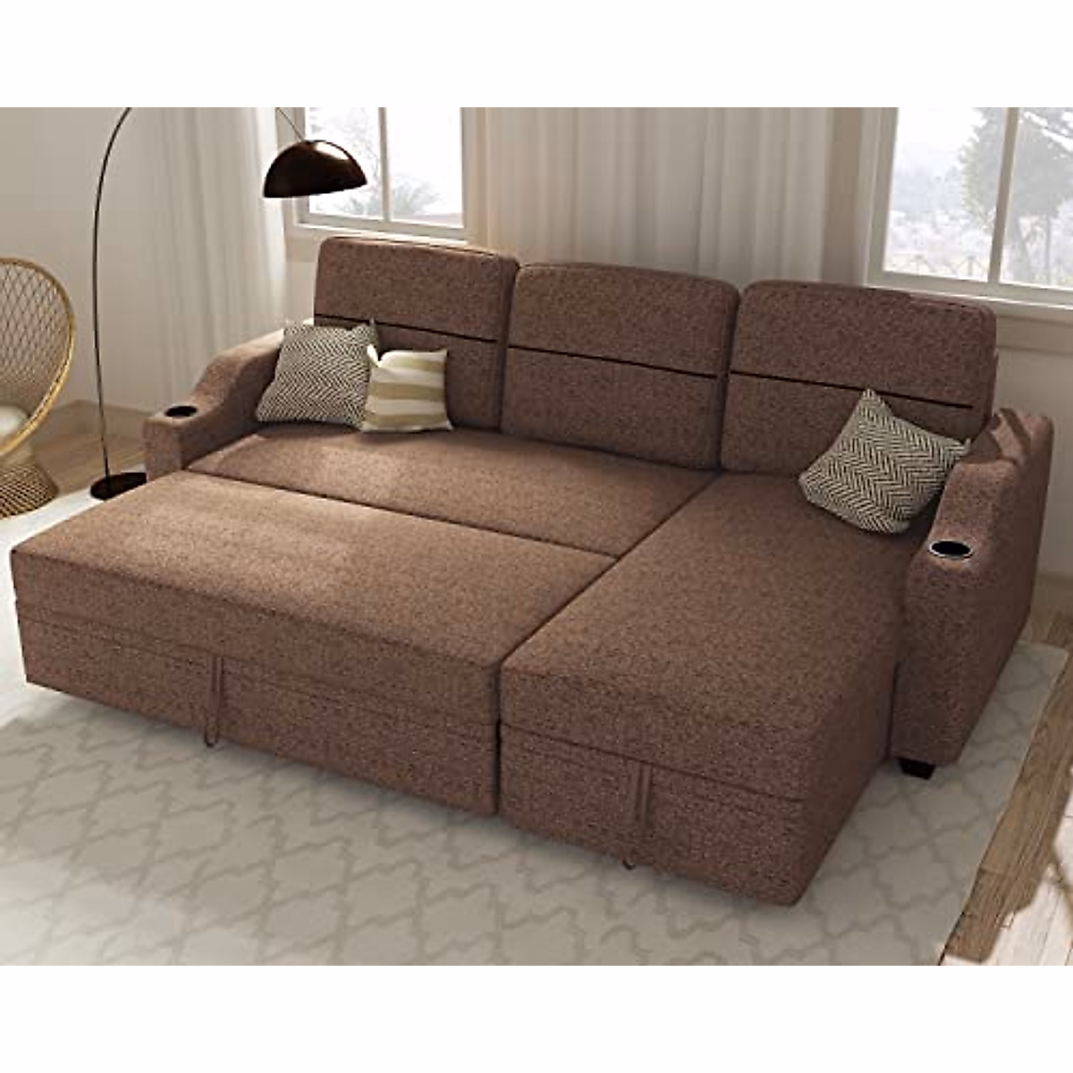 Ucloveria Reversible Sectional Sofa Couch, 82" Sleeper Sofa Bed with Storage Chaise Pull Out Couch Bed for Living Room L-Shape Lounge 2 in 1 Sectional Couch with Cup Holder, Yellow Brown