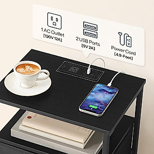 HOOBRO Nightstand with Charging Station and LED Light, Bedside Table with 3 Fabric Drawers, Night Stand with USB Ports and Outlet, End Table for Bedroom, Dorm, Black BB403UDBZ01