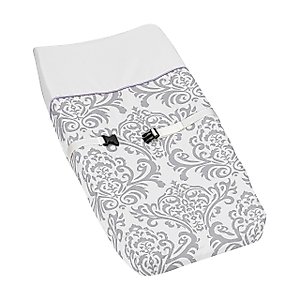 Lavender, Gray and White Damask Print Elizabeth Baby Changing Pad Cover for Girl Bedding Sets