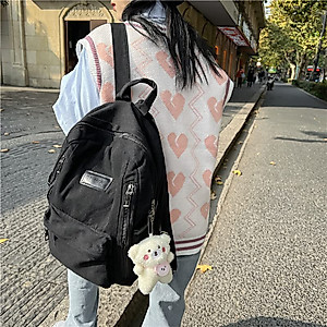 Kawaii Backpack with Kawaii Pin and Accessories, Aesthetic Minimalist Backpack Canvas School Casual Daypacks for Teens Girls (Black)