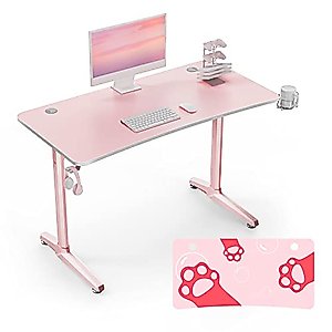 EUREKA ERGONOMIC 47 Inch Pink Computer Gaming Desk,Curved Edge Home Office Gaming Table Study Writing Desk W Full Mouse Pad Cup Holder Headphone Hook Controller Stand Gift for Girls