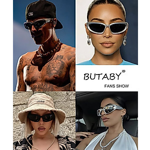 BUTABY Wrap Around Fashion Sunglasses for Women Men Oval Dark Futuristic Sun Glasses Outdoor Sport Shades UV400 Protection Black & Silver Grey
