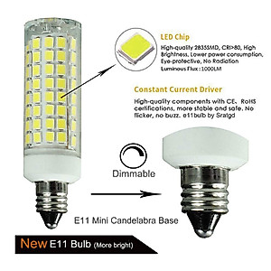10W E11 Mini Ceramic Corn Light Bulbs- 102 LEDs 2835 SMD 1000lm Daylight White 6000K LED Corn JDE11 Lamp 70W Equivalent for Ceiling Fan, Sconce, Cabinet, Dimmable, 120V(No fit E12) (4 Pack)