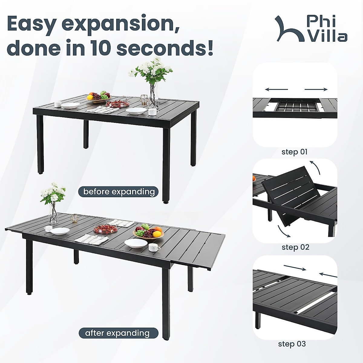 PHI VILLA 9 Piece Outdoor Patio Dining Set, 8 Swivel Outdoor Padded Chairs and 1 Extendable Large Patio Table, Outdoor Furniture Table and Chair Set for 6-8 Person (Blue)