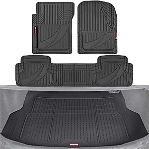 Motor Trend FlexTough Advanced Black Rubber Floor Mats with Cargo Liner Full Set - Front & Rear Combo Trim to Fit for Cars Van SUV, All Weather