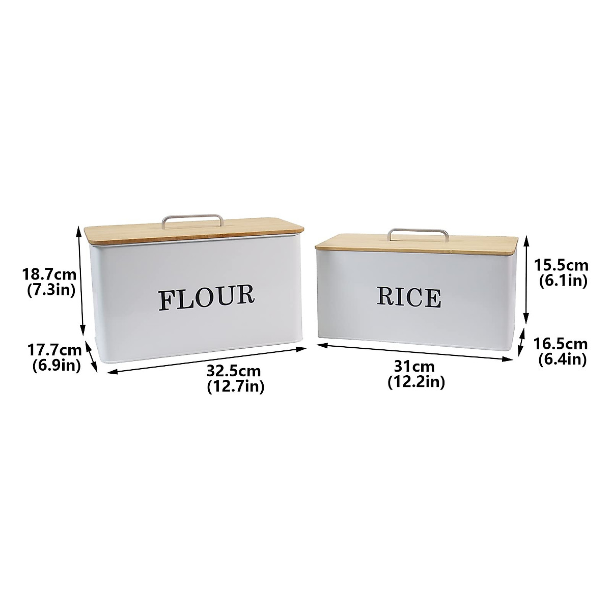 Gdfjiy Kitchen Canisters Set of 2, Metal Rice Storage Bin Flour Tin, Rustic Farmhouse Canister Jars, Food Storage Container for Rice Flour Soybean Grain Cereal-White